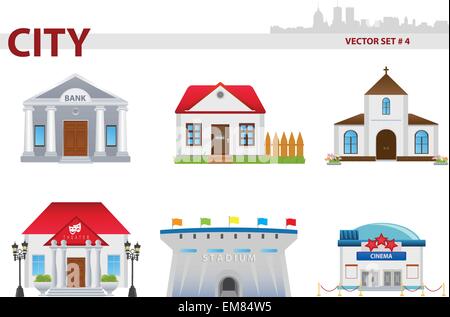 Public building cartoon set 3, church, hospital, police station, museum ...