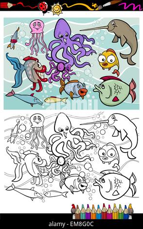 Sea animals group coloring page. Ocean fish, octopus, dolphin, shark ...