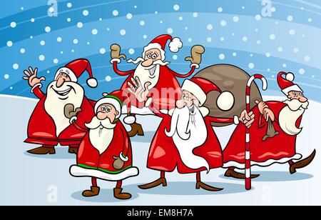 Cartoon illustration of Santa Clauses characters set on Christmas time ...