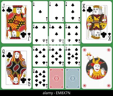 Playing cards, clubs suite, joker and two backs. Faces double sized ...