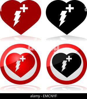 Red and black defibrillator icon with heart and lightning bolt symbol ...