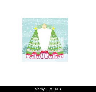 Christmas frame of Xmas tree, gifts, bell and ribbon bows, snowflakes ...