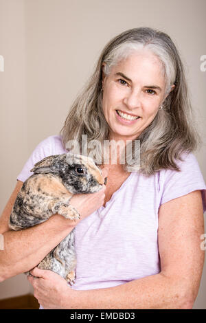 Harlequin Mini Rex pet rabbit being held and cuddled by a woman. (MR ...