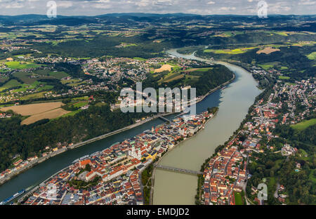Historic centre of Passau, confluence of the three rivers, Danube, Inn ...