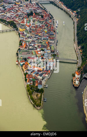 Historic centre of Passau, confluence of the three rivers, Danube, Inn ...