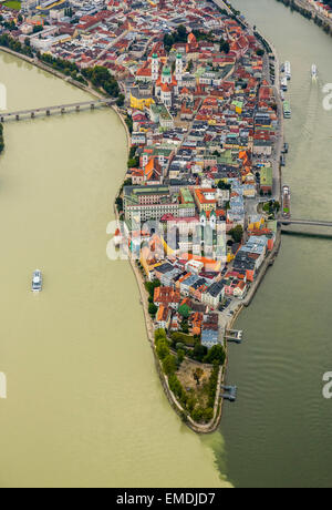 Historic centre of Passau, confluence of the three rivers Danube, Inn ...