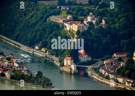 Confluence of three rivers Danube, Inn and Ilz, Passau historic centre ...