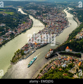 Historic centre of Passau, confluence of the three rivers, Danube, Inn ...