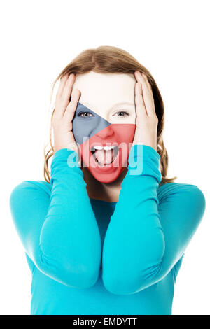 The flag of Czech republic on the face of a smiling woman. / Color ...