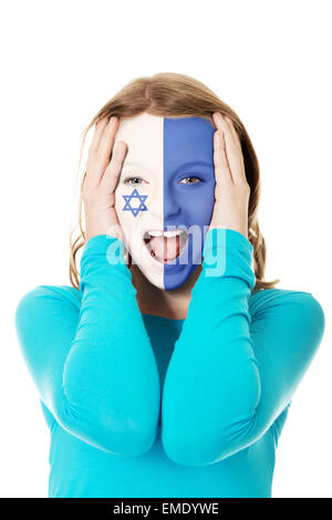 Young woman with the flag of Israel on color background Stock Photo - Alamy