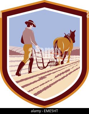 A man plowing a field with a horse and plow, vintage line drawing or ...
