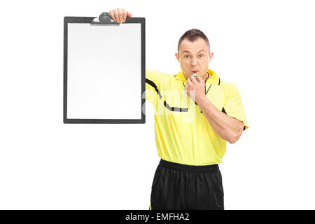 Angry football referee in a yellow jersey showing a red card and ...