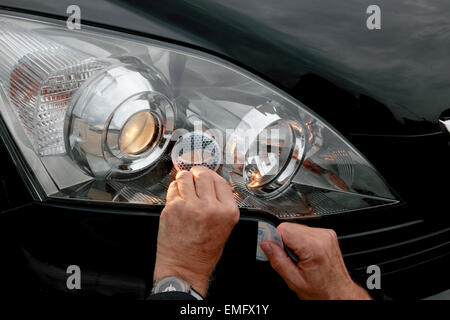 Beam deflector on car headlight ready for driving on the right in ...