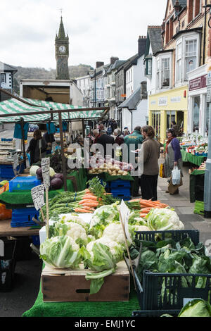 Stalls in Machynlleth market town on weekly market day held on ...