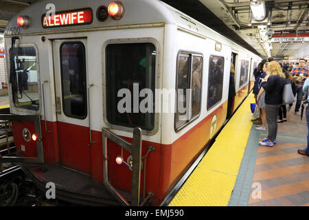 Boston Massachusetts subway with commuters preparing to board T train ...