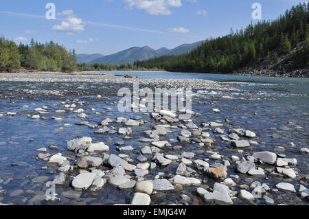 Pebble Bank of a mountain river. Russia, Yakutia, A Ridge Of Suntar ...