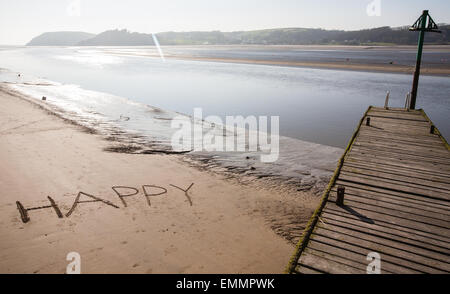 "Happy Birthday" written in the sands on the beach at Ferryside with ...