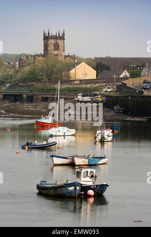 UK, Cumbria, Workington, leisure boats moored in historic old harbour ...