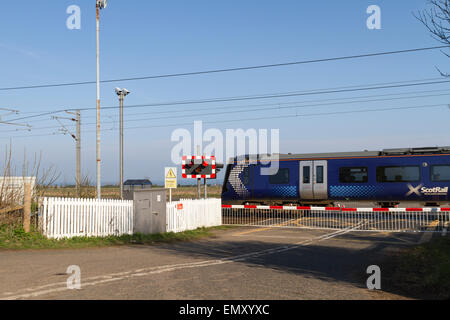 Scotrail train passing through a level crossing Stock Photo - Alamy