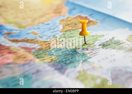 Travel destination, blue pin on the map Stock Photo - Alamy