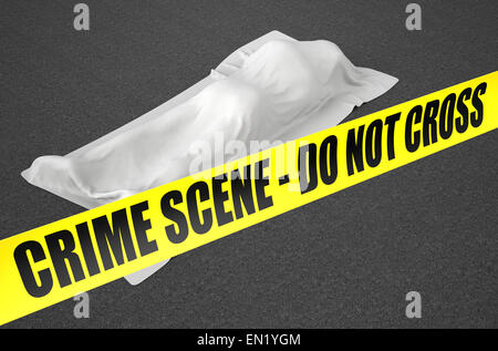 A crime scene with a dead body and yellow tape in foreground, in North ...