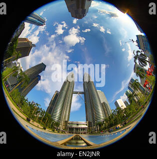 Fisheye view of the Petronas Twin Towers at KLCC in Kuala Lumpur ...
