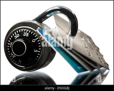 Combination lock with four bank cards Stock Photo - Alamy