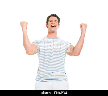 One enthusiastic man celebrating successful job application while ...