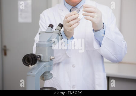 Scientist analysing a glass slide with a microscope Stock Photo - Alamy