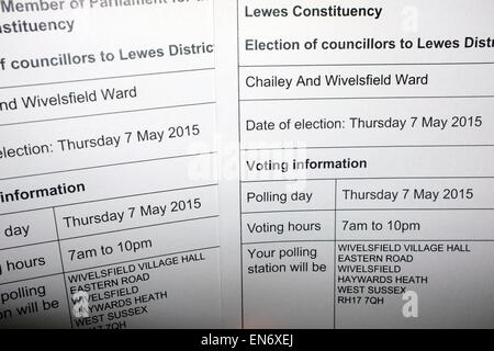 Lewes Constituency Polling cards with voting details for the 7th May UK ...