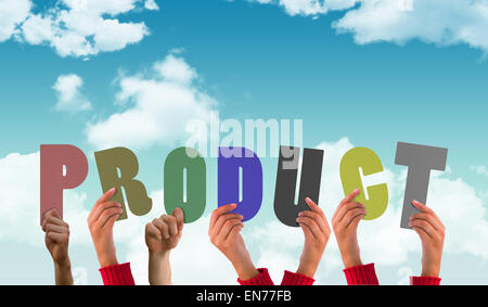 Composite image of hands showing product promotion Stock Photo - Alamy