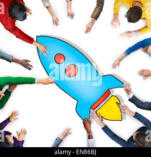 Startup launch, reaching project development, businessman flying on top ...