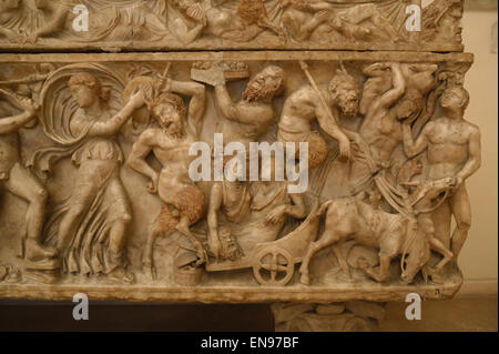 Roman art. Sarcophagus with Dionysian procession. Satyr with aulos ...