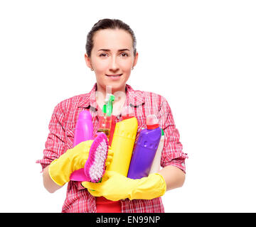 Cleaning lady in rubber glove washes faucet in bathroom with sponge ...