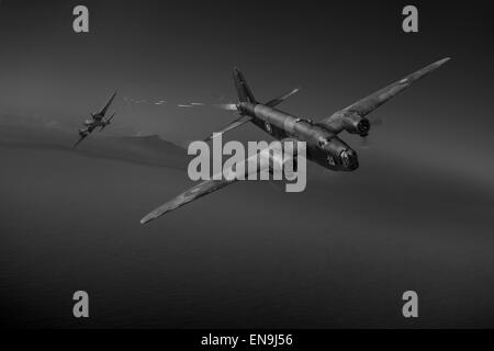 An RAF Vickers Wellington rear gunner fights off a Luftwaffe Junkers Ju ...