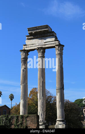 Rome, Italy. The Roman Forum. The three columns of the Temple of Castor and Pollux. The Forum is ...