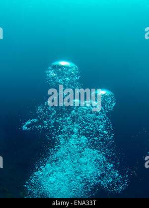 Bubbles from a scuba diver rise to the surface, expanding and breaking ...
