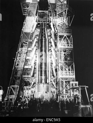 A photograph of an Atlas 3C rocket on its launch pad, moments before a ...
