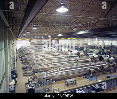 A photograph showing the assembly line of the Atlas missile system ...