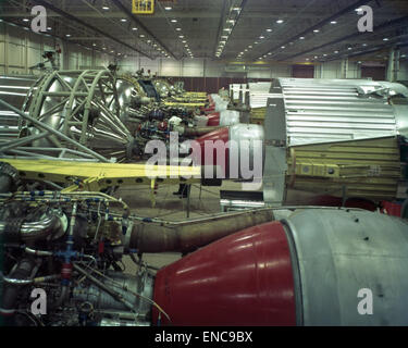 A photograph showing the assembly line of the Atlas missile, marking a ...