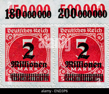 Red 5 million marks postage stamp from 1923, when hyperinflation ...