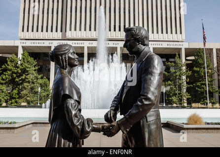 Statue of Joseph and Emma Smith outside offices of The Church of Jesus ...