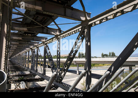 The Awatere river bridge, double decker with rail and car lanes above ...