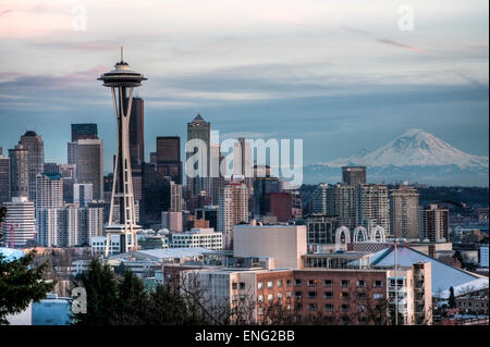 Space Needle and high rise buildings in Seattle city skyline at sunset ...