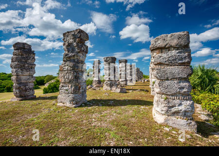 Stone columns at Edificio de las Pilastras, Maya ruins at Ake, Yucatan ...