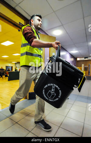 A Northern Ireland ballot box is brought into a count station during a ...