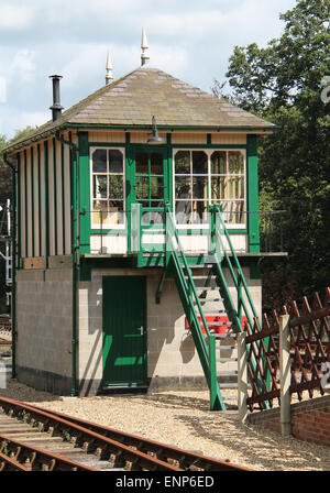 Railway lines signals and signal box in early morning mist at Havant ...