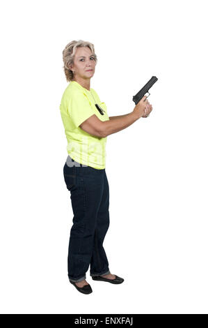 Middle-aged woman detective with badge at indoor crime scene with ...