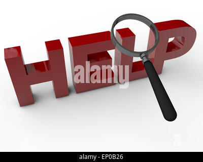 Help - 3D Text with magnifier over white Background Stock Photo - Alamy