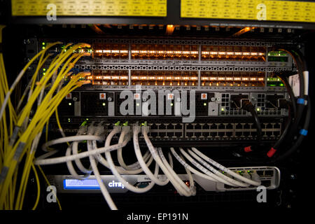 The rear of a computer server used for cloud computing showing routers ...